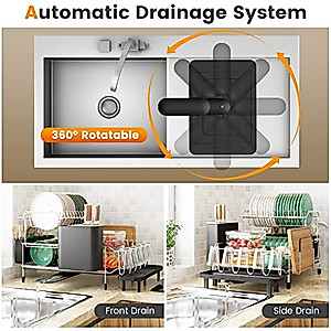 GOFLAME Dish Drying Rack with Drainboard, 2-Tier Detachable Dish Rack with 360°Swivel Spout, Utensil Holder, Cup Holder, Large Capacity Dish Drainer Set for Kitchen Counter