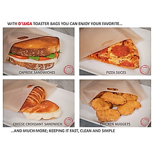 D'Luga Toaster Bags (Pack 10), non sticky reusable toaster bags, perfect to prepare cheese sandwiches, pizza, chicken nuggets, fish, vegetables, croissants. Used in oven, toaster or microwave.