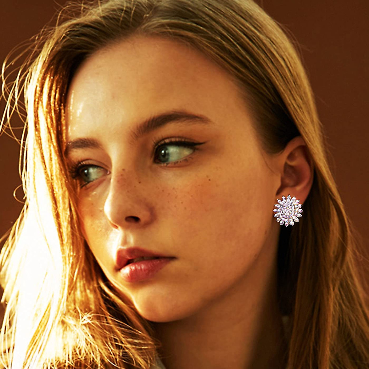 Clip On AB Crystal Oval Earrings Women- PeriFairy Iridescent Rhinestone Sunflower Non Pierced Prom Gold Jewelry