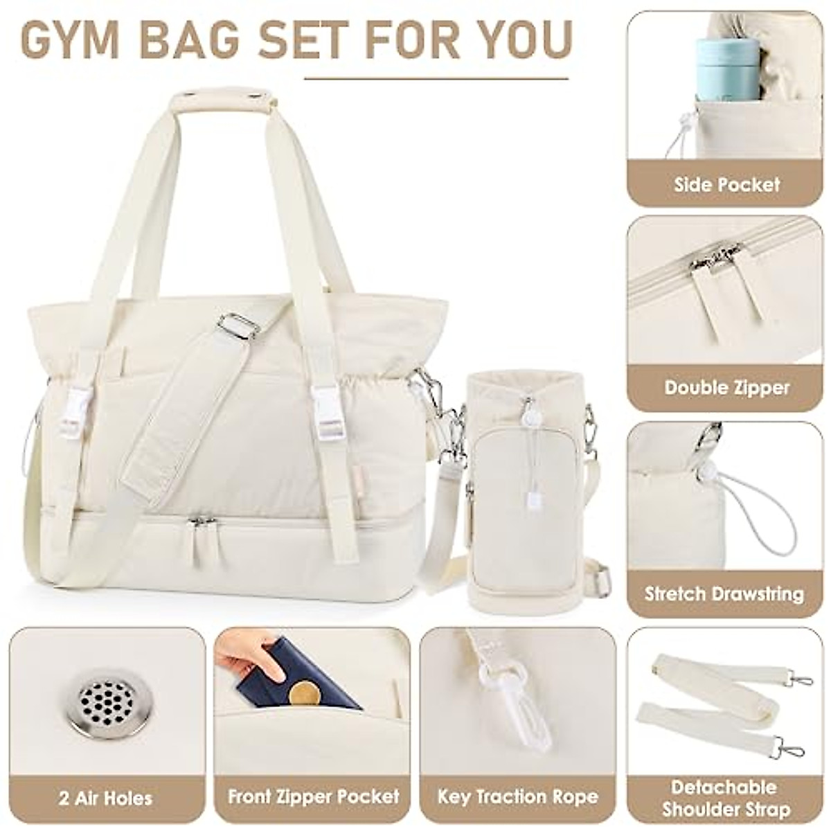 ETRONIK Gym Bag for Women, Yoga Mat Bag with Water Bottle Bag, 40L Weekender Overnight Bag with Shoe Compartment & Wet Pocket, Travel Duffle Bag Women for Yoga, Work, Hospital, Pilates and Gym, Beige