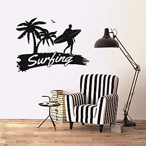 Vinyl Wall Art Surfing Wall Decal Gym Sports Boys Teenages Surf Board Palm Tree Wall Sticker Removable Wall Mural for Bedroom Living Room TM-62 (Black)