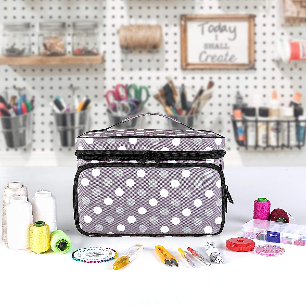 Luxja Sewing Accessories Organizer with 2 Detachable Clear Pockets, Sewing Supplies Organizer (Patent Design), Polka Dots