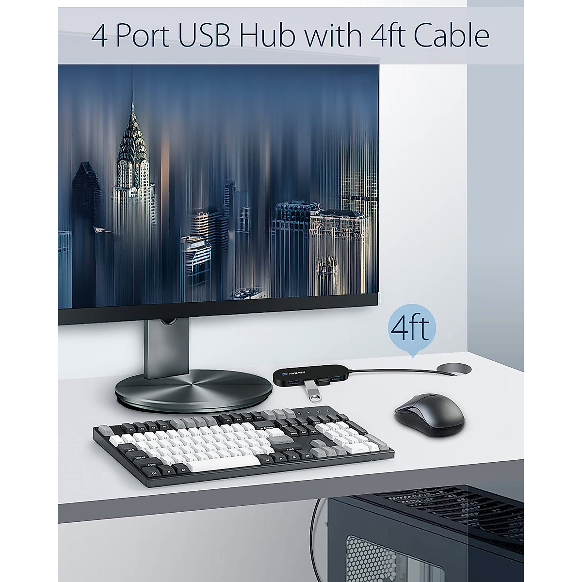 TWOPAN 4 Port USB C Hub with 4 ft Extended Cable, Ultra Slim USB 3.0 Hub for Laptop, High Speed USB Port Splitter for iMac, MacBook Pro/Air, Surface Pro, XPS, Desktop, Flash Drive, Mobile HDD, Printer