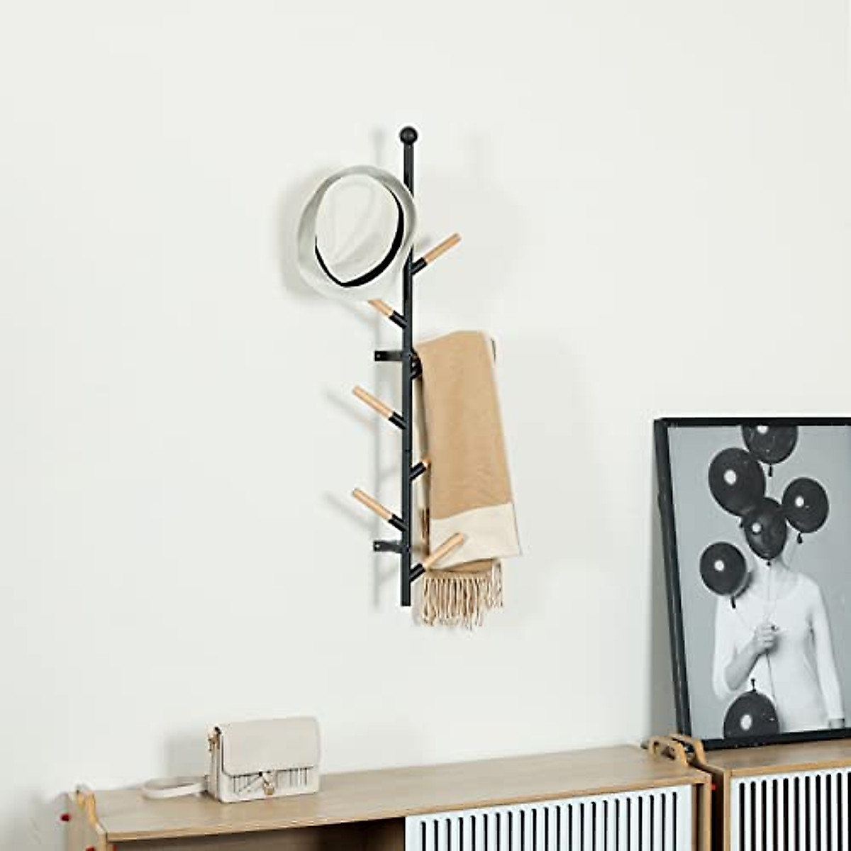 X-cosrack Wall Mounted Coat Rack Splicable Metal & Wood Hat Hanger Rack with 8 Hooks, 3-in-1 Tree Hanger Organizer for Coat Bag Scarves Clothes for Entryway Hallway Bedroom