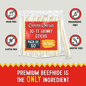 Canine Chews 10-11" Retriever Stick Rolls Rawhide for Dogs Skinny Sticks for Small Aggressive Chewing Dogs (50 Pack)