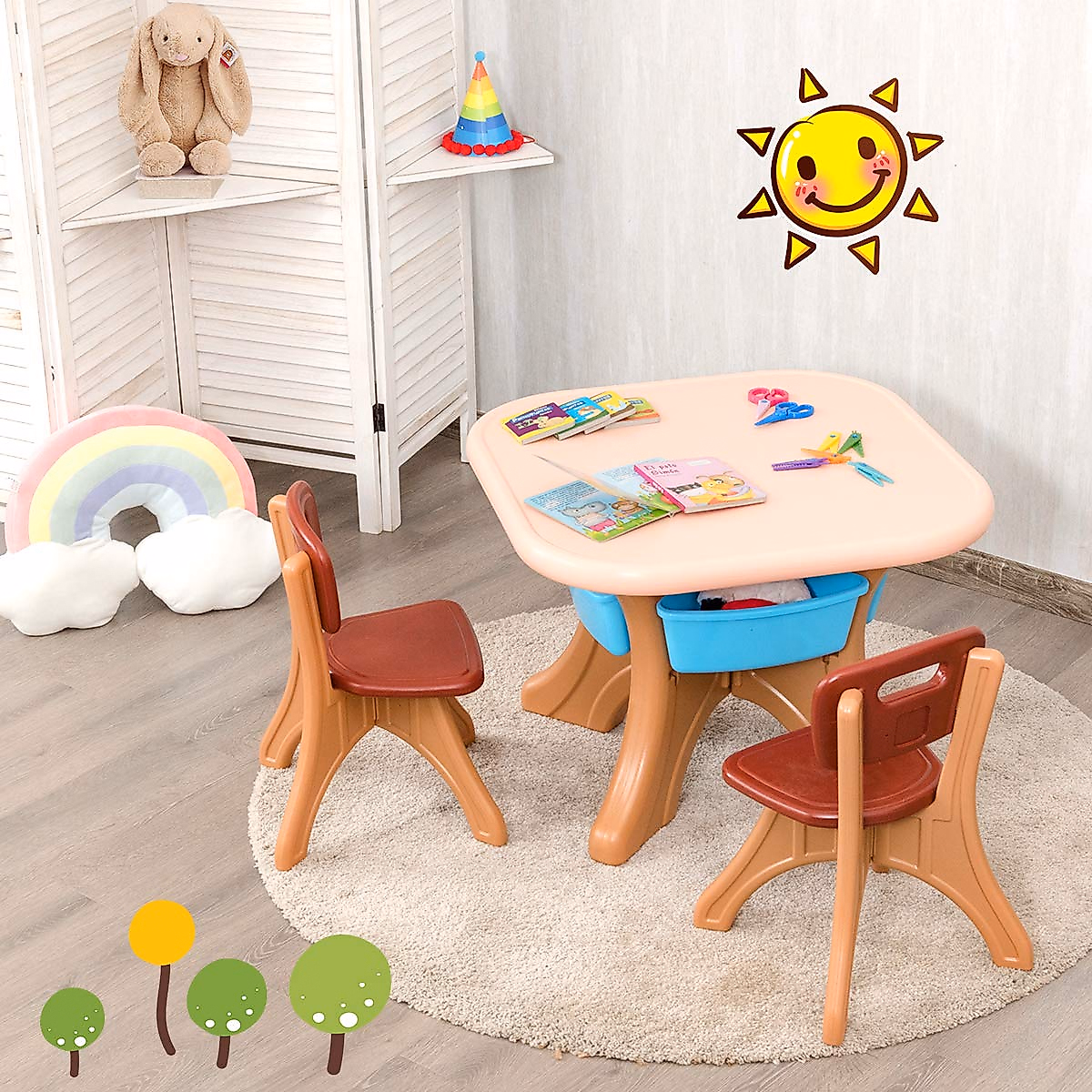 Costzon Kids Table and Chair Set, 3 Piece Activity Table w/Detachable Toy Storage Bin & 2 Chairs for Children Reading Art Craft, Strong Bearing Capacity, Lightweight, Toddler Table & Chair Set, Coffee