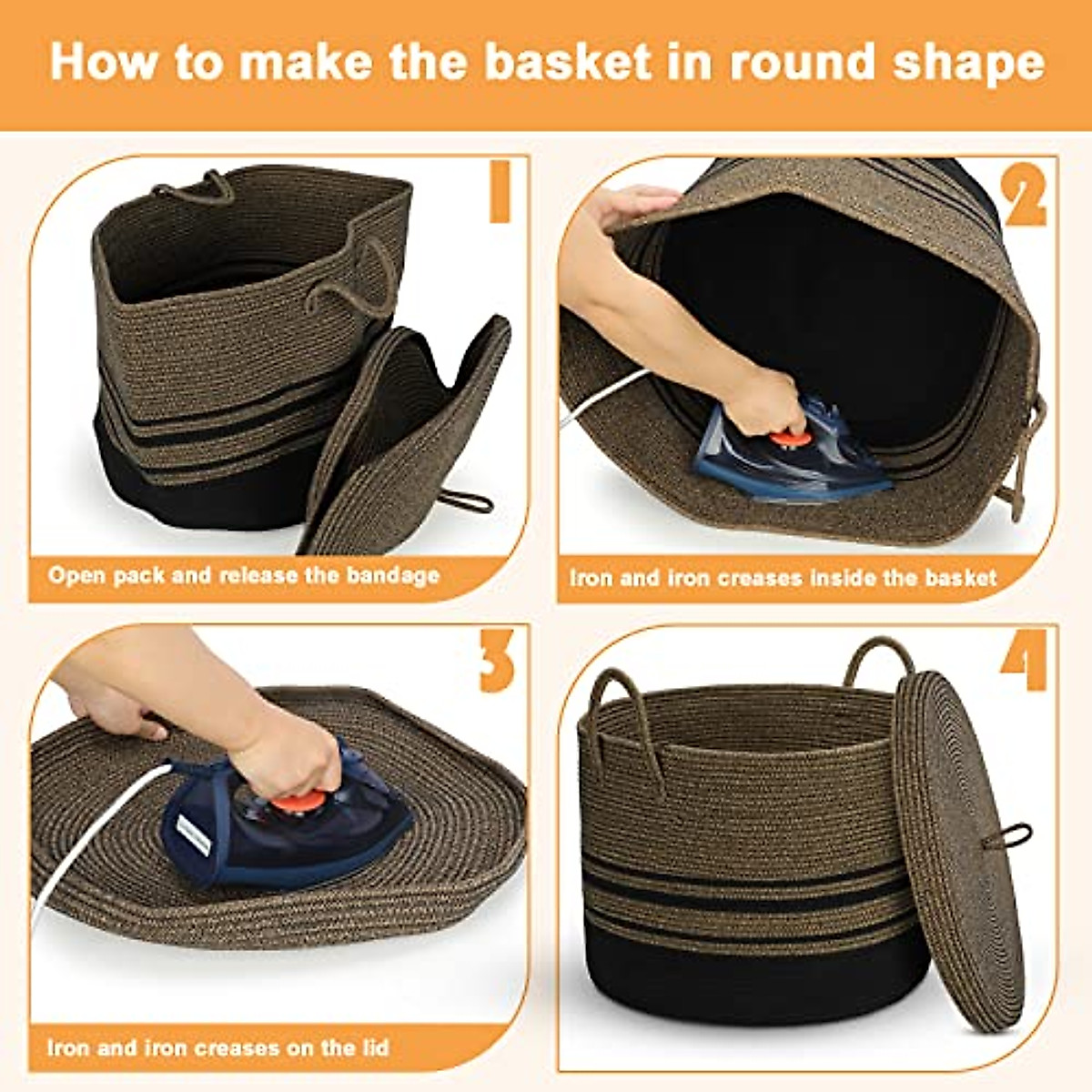 Graciadeco Large Decorative Blanket Basket with Lid 85.2 Qt Hand-Woven Cotton Rope Baskets for Storage Throw Pillow XXL Round Floor Basket Black-Brown