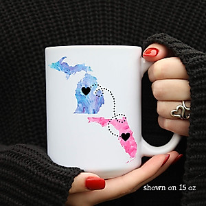 Mom, Personalized Long Distance Coffee Mug, Mother's Day Gift, States with hearts over Cities, 11oz or 15oz