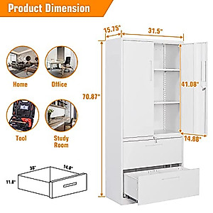 ZAOUS File Cabinet 2 Drawer, Metal File Cabinet with Lock, Lateral Filing Cabinet with Doors & Adjustable Shelves for Home Office, Living Room, Pantry, Gym, Basement, Warehouse, White