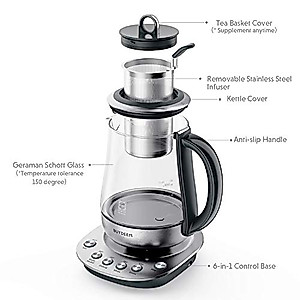 BUYDEEM K2423 Tea Maker, Durable 316 Stainless Steel & German Schott Glass Electric Kettle, Removable Infuser, Auto Keep Warm, BPA Free, 1.2L