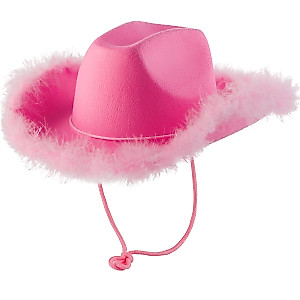 Pink Cowgirl Hat with Feather Boa - Cowboy Hat for Women, Teenage Girls with Fluffy Feather Brim for Bachelorette, Theme Costume Party, Role-Playing Dress-Up, Adult Size