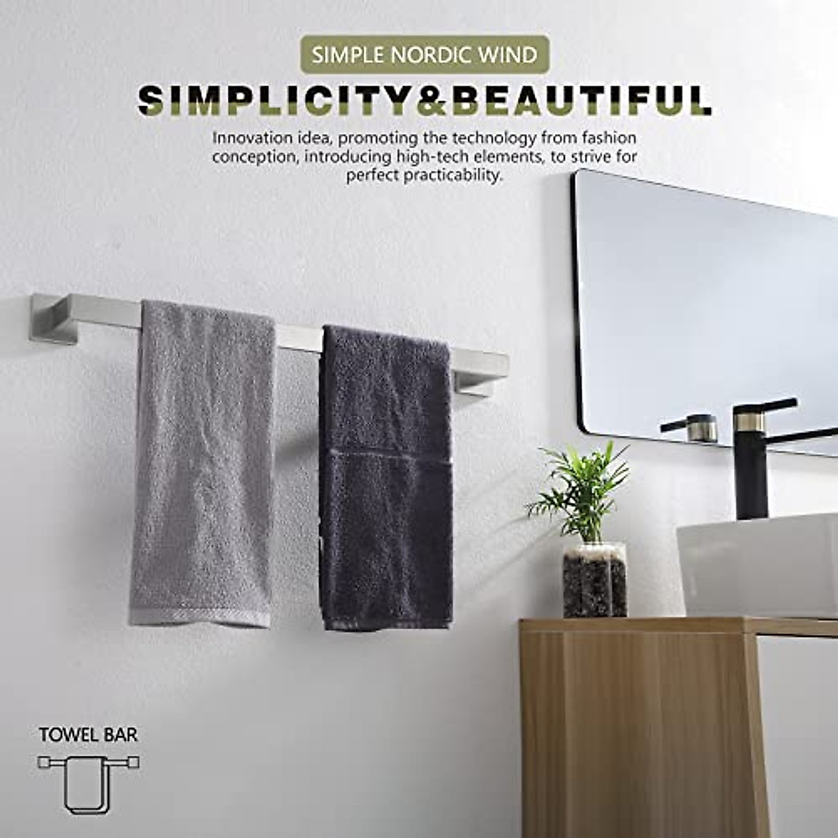 KOKOSIRI 24-Inch Single Towel Bar, Bathroom Towel Holder, Toilet Paper Holder, Bath Towel Hook Modern Robe Hook Coat Hook, Wall Mounted, SUS 304 Stainless Steel, Brushed Steel, B05A4-BR-L24