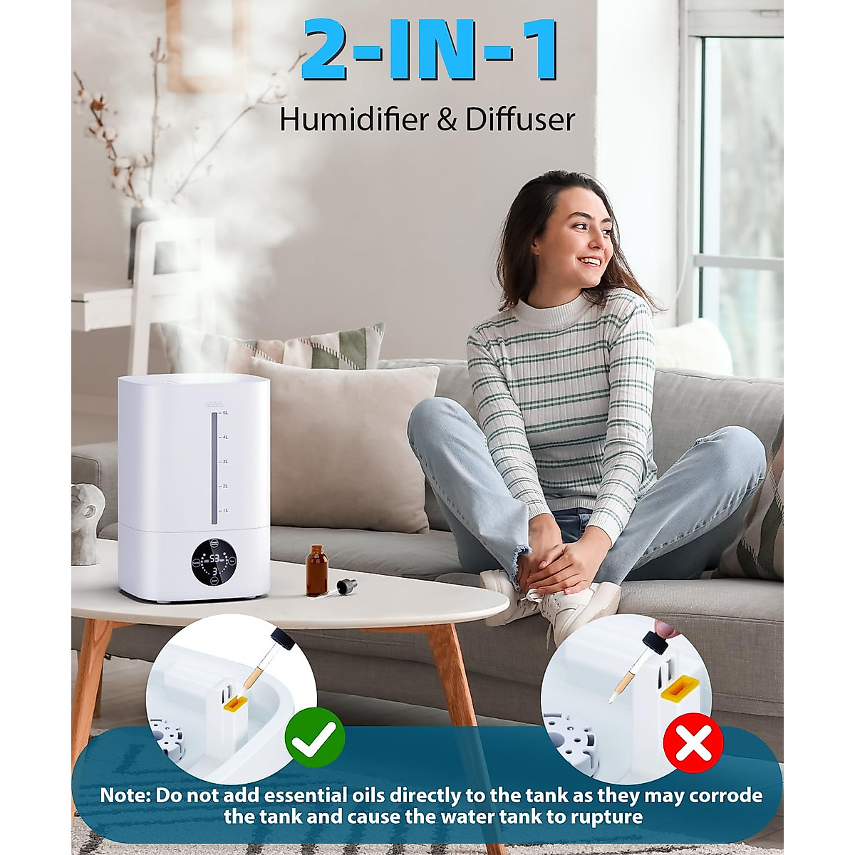5L Humidifiers for Bedroom, 50H Runtime Humidifier for Large Room, Ultra-Quiet 28dB Cool Mist Air Humidifier for Home Baby Nursery & Plants, Auto Shut-off and BPA-Free for Safety, Easy to Clean