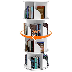 Cuguords 4 Tier Rotating Bookshelf Tower, 360 Degree Revolvin Bookcase,Spinning Bookshelf for Kids&Adults, Floor Standing Bookcase Storage Rack, Wood Narrow Bookshelf for Bedroom, Living Room, White