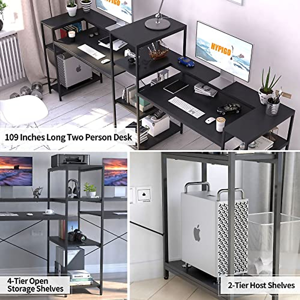 HYPIGO Two Person Computer Desk with Storage Shelves, 109 inches Extra Long Double Workstation Desk with Printer Shelf & Monitor Stand, Large Office Desk Study Writing Table for Home Office - Black