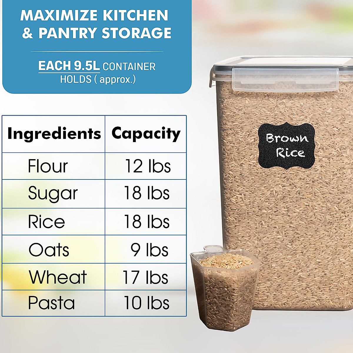 Shazo 2 PC (9.5L | 321 Oz) Extra Large Bulk Food Storage Containers with Airtight Lids for Flour, Sugar, Rice, Cereal & Pasta - Leakproof, BPA-Free Plastic Canisters for Kitchen & Pantry Organization