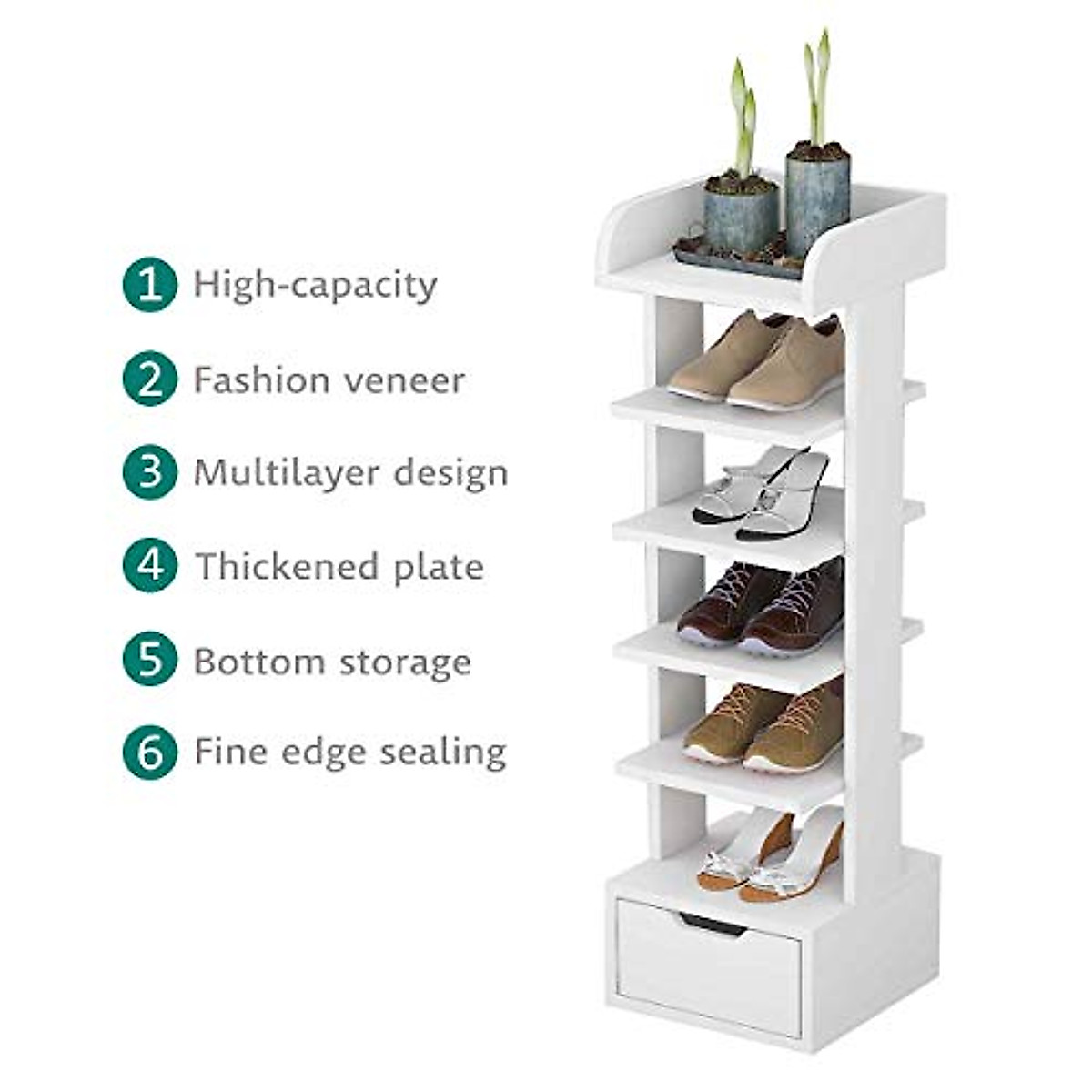 Waktavel Shoe Rack Organizer, Wooden 5 Tiers Vertical Shoe Rack with Drawer and Open Top, Space Saving Small Shoe Storage Stand for Entryway Hallway Bedroom (White Shoe Rack 5 Tier)