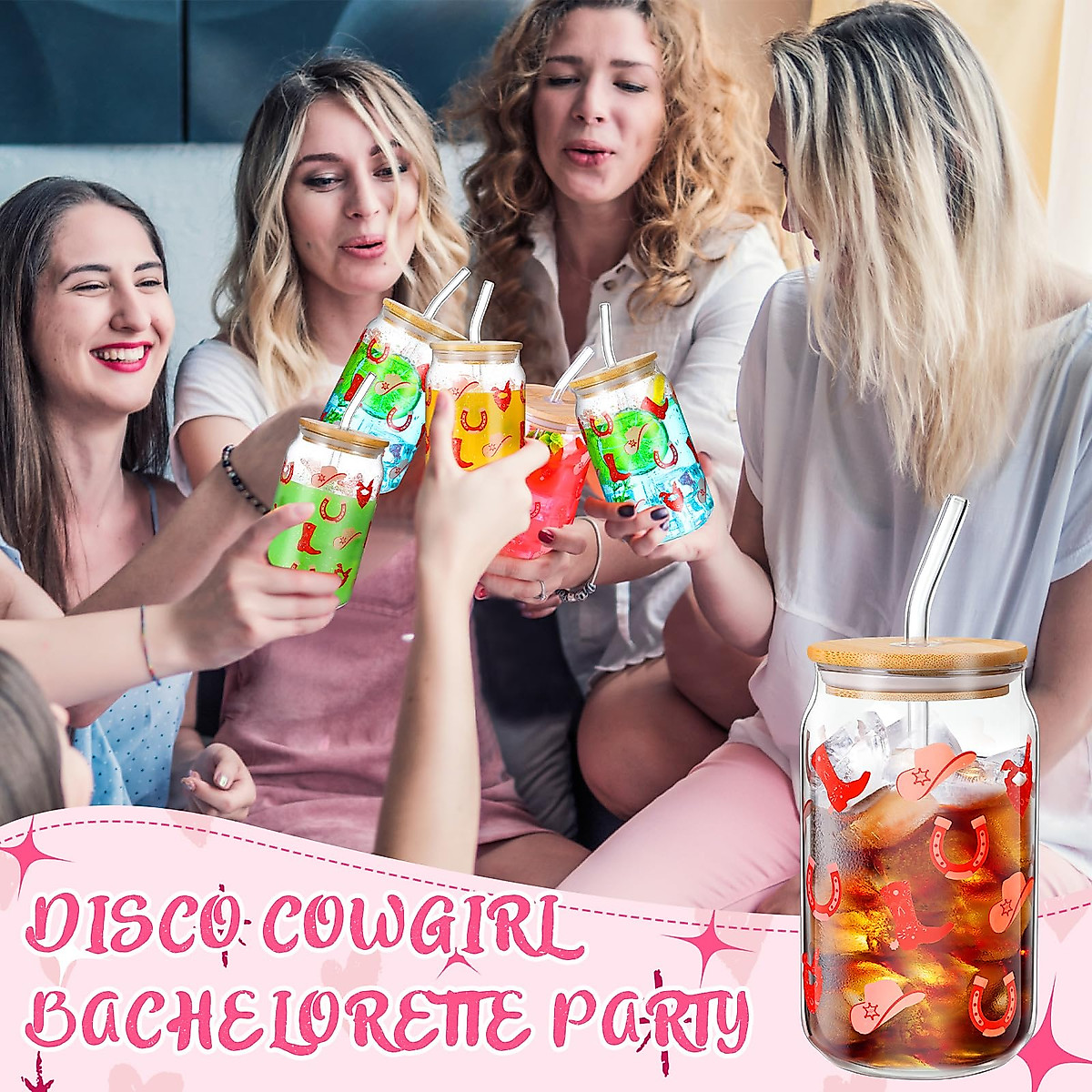 Yaomiao 4 Sets Glass Cups with Bamboo Lids and Straws, 16 oz Drinking Beer Can Iced Coffee Cup with Lid Straw and Cleaning Brush Reusable Tumbler Drinking Glass Coffee Gift Idea (Cowgirl)