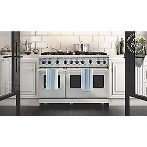 HONEST WEAVE GOTS Certified Organic Cotton Kitchen Hand and Dish Towel Sets - Oversized 20x30 inches, Fully Hemmed, in Designer Colors, 6-Pack, Dusty Blue Stripe