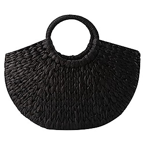 JUNYY Summer Beach Round Bucket Tote Bag For Women Woven Straw Bag Handmade Bohemian Rattan Handbag(Black)