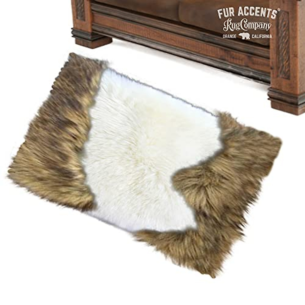 Fur Accents Shag Area Rug - Golden Brown Coyote, Wolf Edge, Dark Brown, White or Black Center - Luxury Soft Faux Fur Carpet - Sheepskin - Rectangle Accent Art Rug