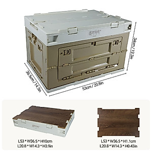 Folding Storage Box with Wooden Covers, Green Single Closet Organizer, Collapsible Storage Box, Organizing Containers Plastic with Wooden Lid for Camping Storage (2 Warm Sand Boxes with 2 Covers)