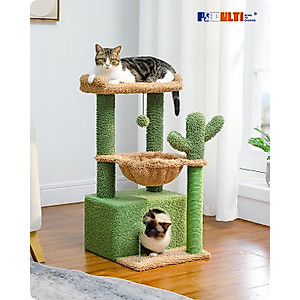 PEQULTI 4-in-1 Cactus Cat Tree, 33'' Cat Tower for Indoor Cats with Large Cat Condo, Cat Scratching Post for Cats with Deep Hammock& Cozy Top Perch,Green