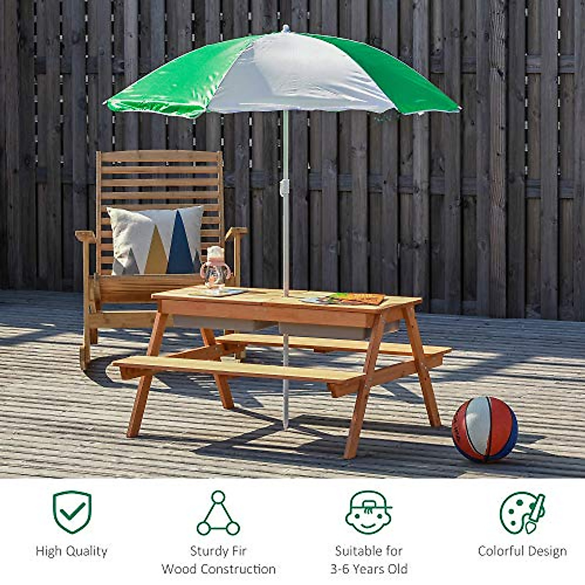 Outsunny Kids Picnic Table with Umbrella and Storage Inside, Sand and Water Table, Kids Outdoor Furniture, Wooden Bench Backyard Furniture for Garden, Patio, or Balcony