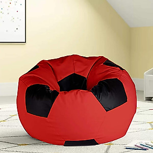 Ample Decor Soccer Bean Bag Cover (Filler Not Included), Leatherette Durable Double Stitched Material Sturdy Zippers, Ideal for Children and Teenagers - Red and Black