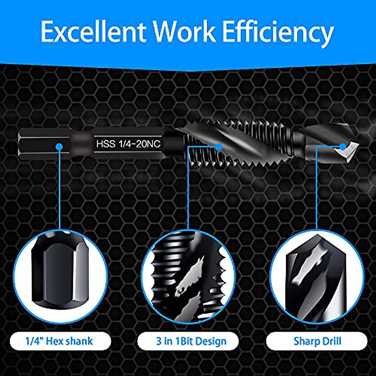 6 Packs Combination Drill & Taps Bit Set, Screw Tapping in SAE Size 6-32nc 8-32nc 10-32nc 10-24nc 12-24nc 1/4-20nc with Anti-Rust Black Coating, 1/4” Hex Shank and Storage Case