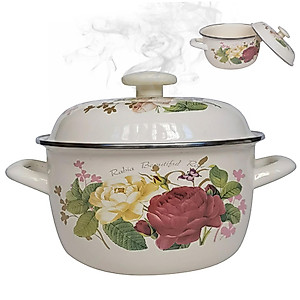 Enamel Pot 12x7 Inch Non- Stick Enamel Stock Pot with Lid and Handles Retro Flower Soup Pot Thicken Enamel Cookware for Home Kitchen Restaurant Pasta Milk Soup L Enamel Stock Pot Soup Pot Pasta Pan
