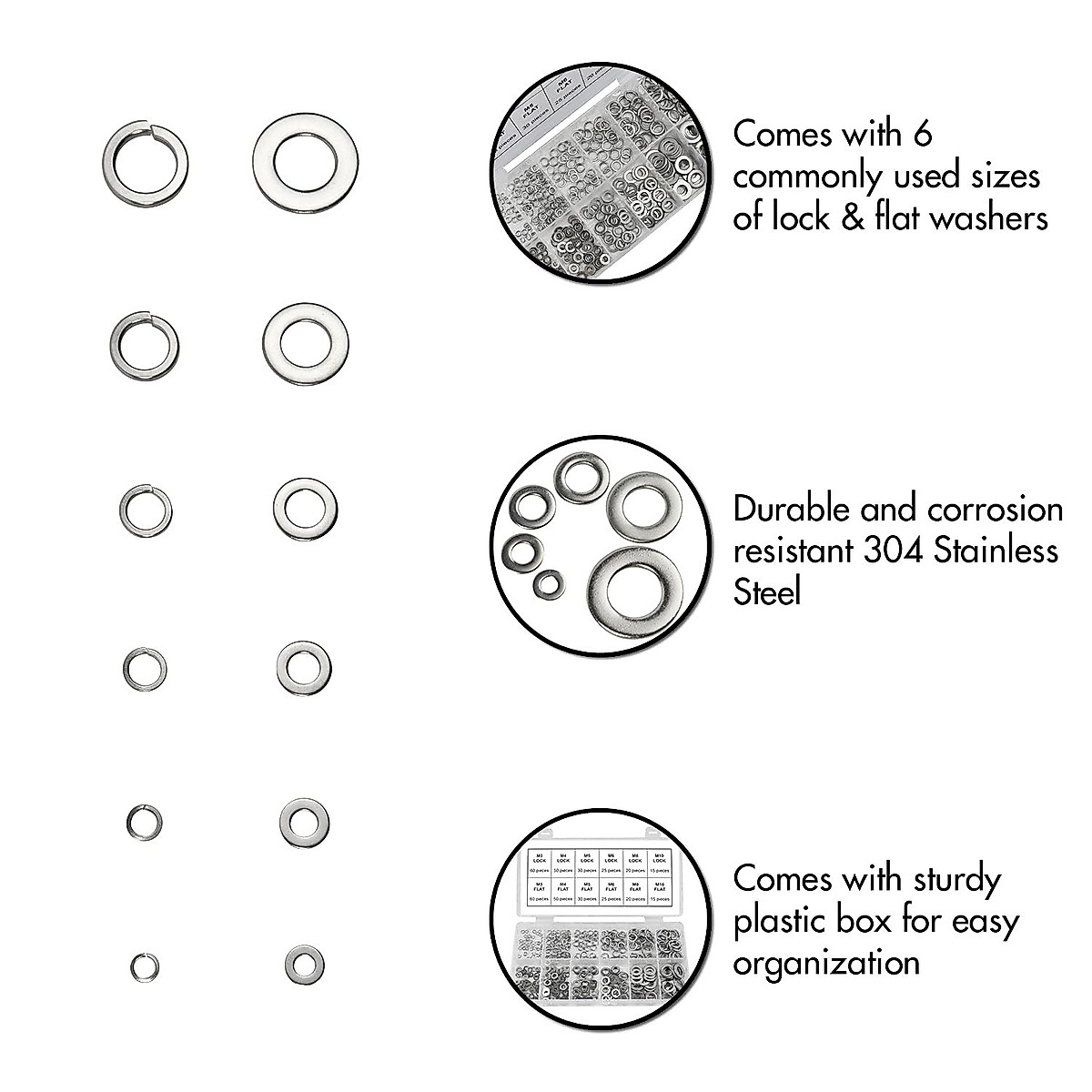 Split Lock and Flat Washer Assortment Set 304 Stainless Steel 400 Piece Silver, M3 M4 M5 M6 M8 M10 (Silver)