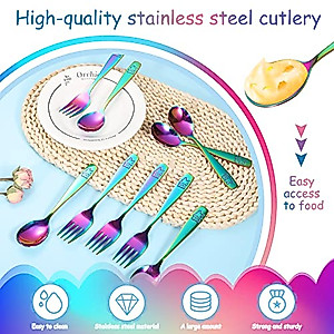 12 Pieces Kids Rainbow Silverware Stainless Steel Kids Utensils Forks and Spoons, Metal Toddler Cutlery Set Childrens Safe Flatware Sets for LunchBox, Dishwasher Safe