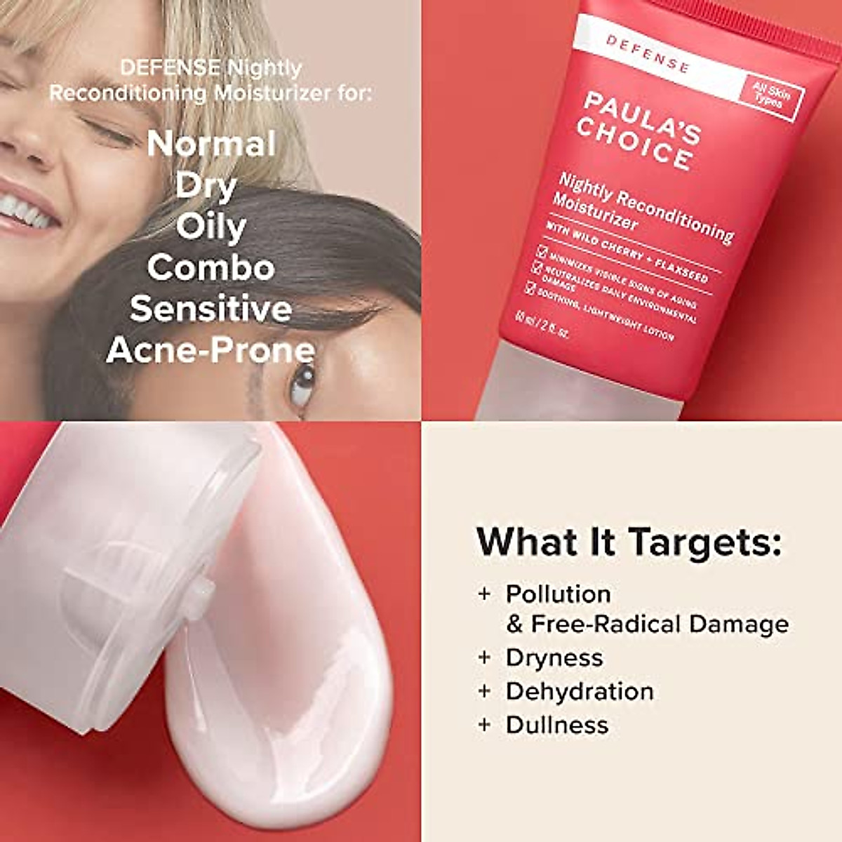 Paula's Choice Nightly Reconditioning Moisturizer - Anti-Pollution, Hydrating Face Cream with Wild Cherry & Marula Oil, 2 oz