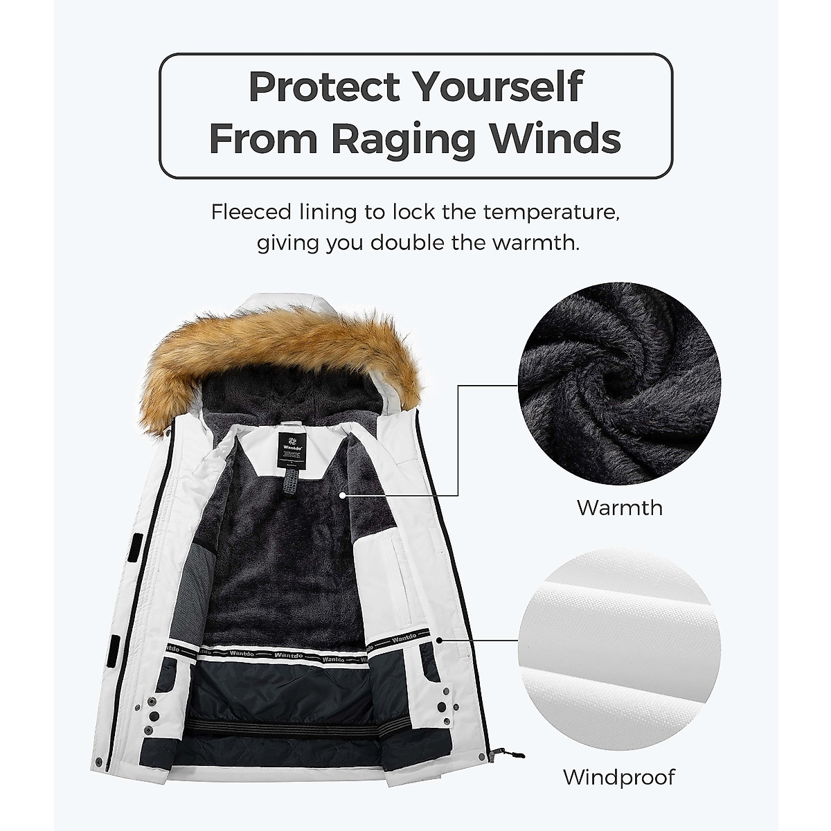 wantdo Women's Waterproof Snowboarding Jacket Hooded Fleece Winter Coats Outwear White M