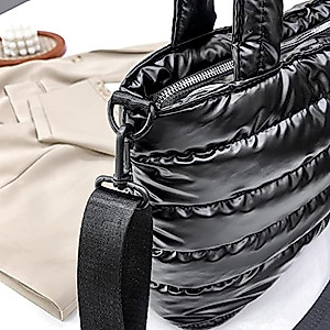 AZURAOKEY Puffer Tote Bag for Women, Quilted Cotton Padded Handbag, Women Soft Lattice Pattern Shoulder Bag Winter Down Cotton Padded Shoulder Bag Down Padding-Black
