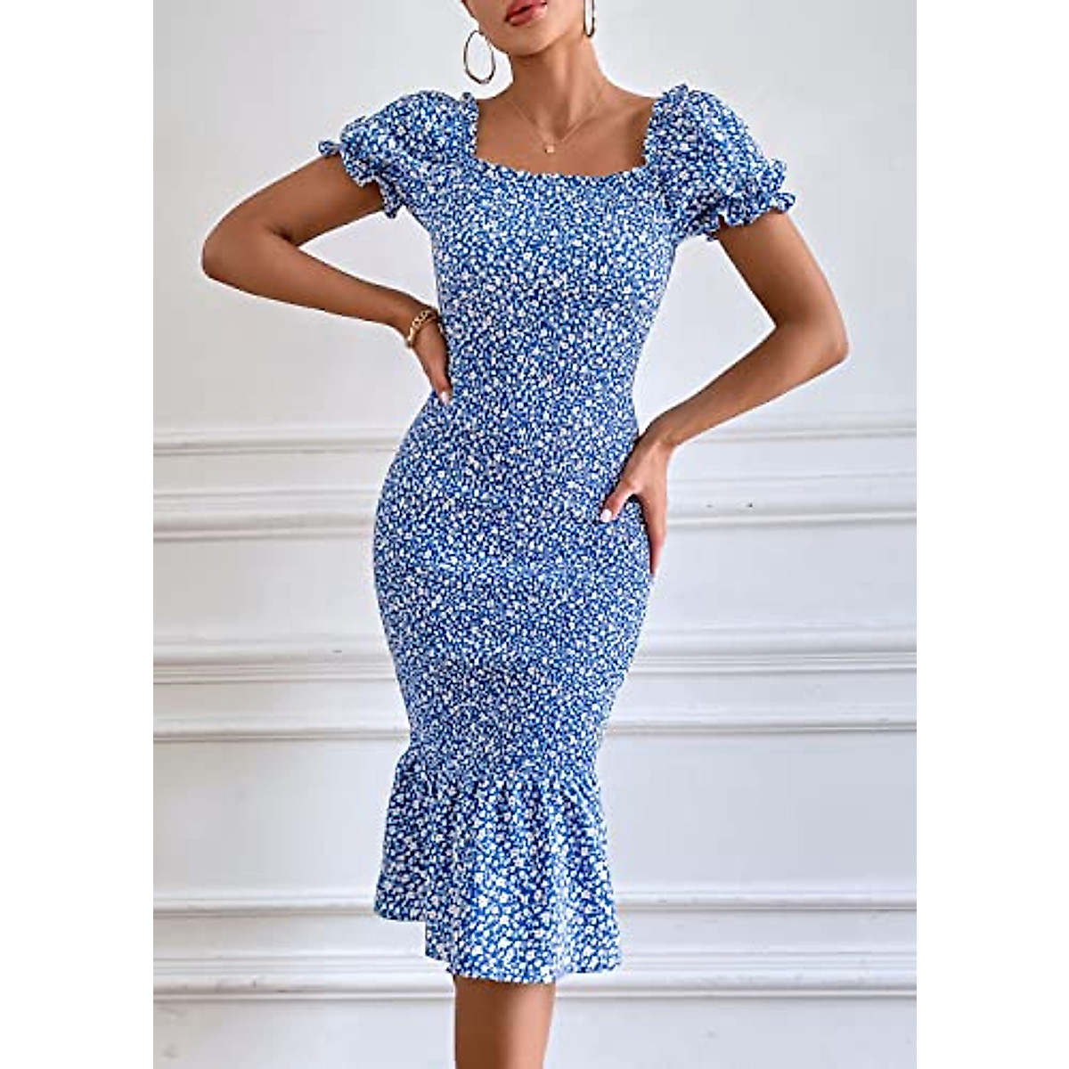 PRETTYGARDEN Women's Summer Floral Midi Bodycon Dresses Short Puff Sleeve Square Neck Ruffle Hem Mermaid Cocktail Dress (Blue,Medium)