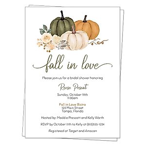 Pumpkin Bridal Shower Invitations Fall in Love Floral Autumn Fall Pumpkins Sage Olive Green Orange Floral Customize Personalize Printed Cards (12 count)