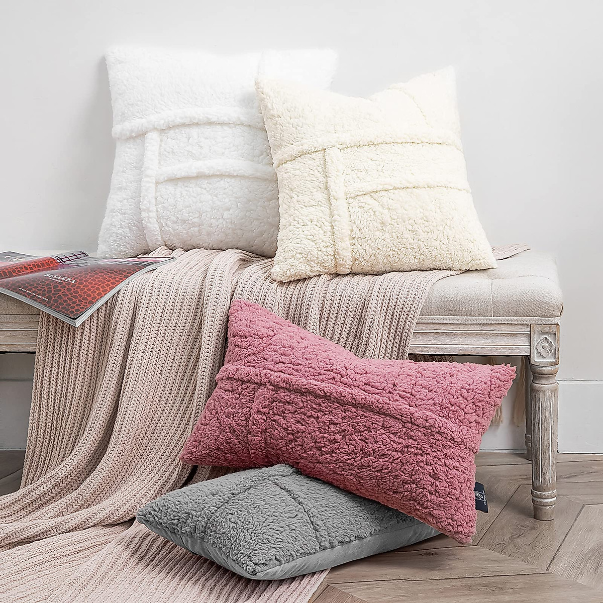 Phantoscope Pack of 2 Sherpa Throw Decorative Pillow Cover Decorative Faux Fur Fluffy Cushion Cases Soft Square Pillow Cases for Bedroom/Couch, Off-White, Print, 18 x 18 Inches