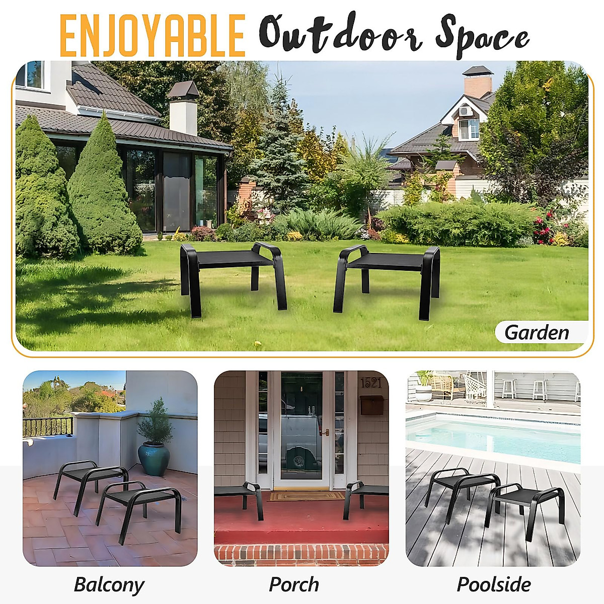 Deugold Outddor Patio Ottoman 2 Set All Weather Outdoor Foot Rest Patio Furniture Coffee Table for Garden Backyard Porch Black