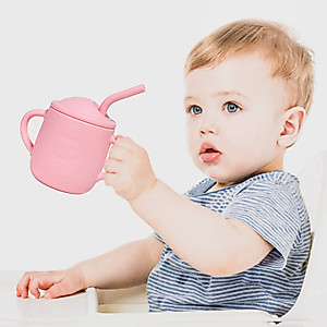 VOTSUPKITDINOK 100% Silicone Baby Training Cup,Infants Toddler Cup With Straw Spill Proof Soft Sippy Cup With Handles,5oz,6+ Months,BPA-Free(Pink)