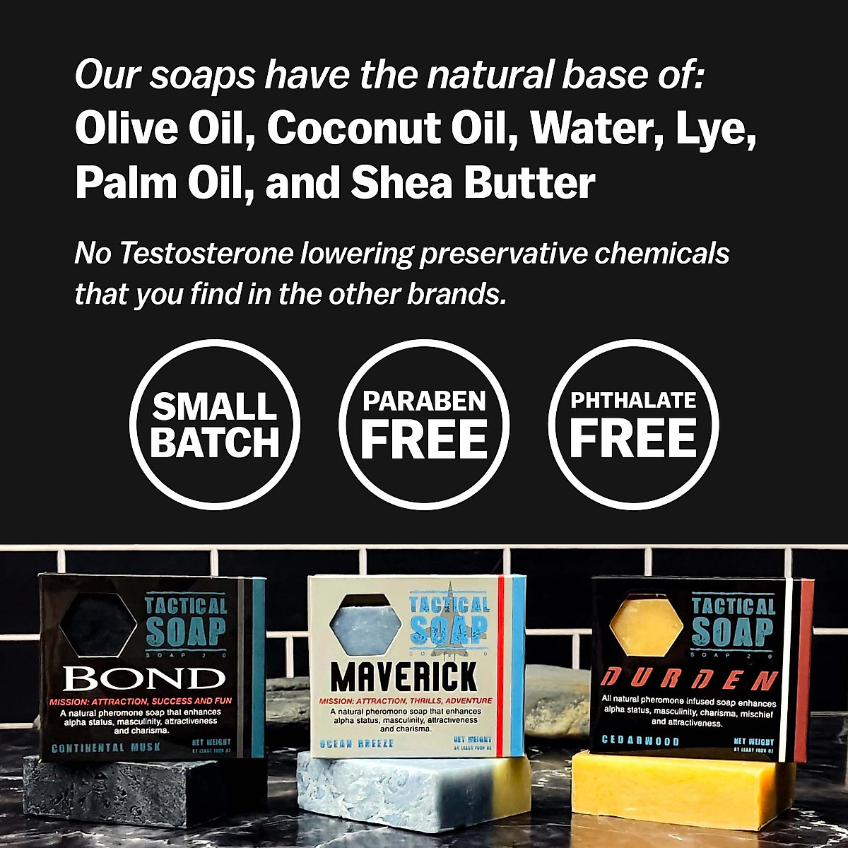 Tactical Soap All-Natural Men's Soap (3 bars) - Pheromone-Infused for Attraction, Exfoliating, Manly Bar Soap, 100% Natural, Made in the USA