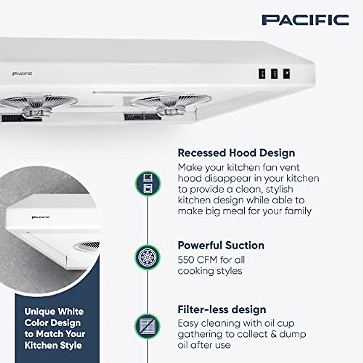 Pacific Economy Under Cabinet Ducted Range Hood 30 inch - CFM550 Powerful 2-Speed Wall Mount Kitchen Vent Hood - Electric Hood with Lighths, Filterless, White ‎PR1230BW