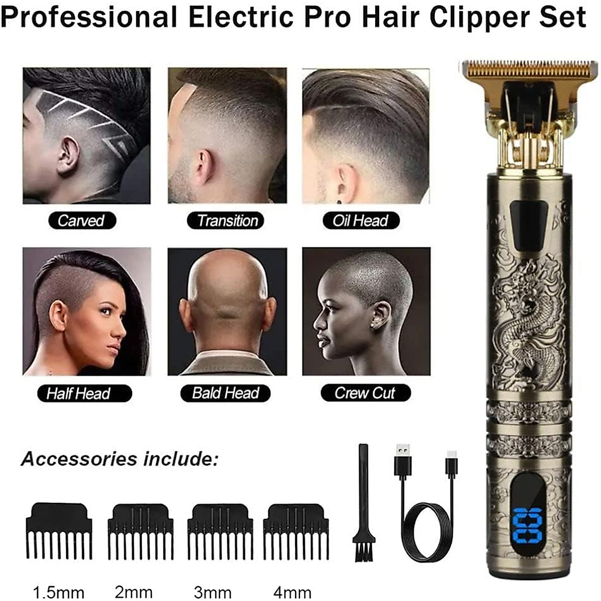 Hair Clippers with LED Display, Professional Hair Trimmer Zero Gapped T-Blade Trimmer Cordless Rechargeable Edgers Clippers Electric Beard Trimmer Wireless LCD Display