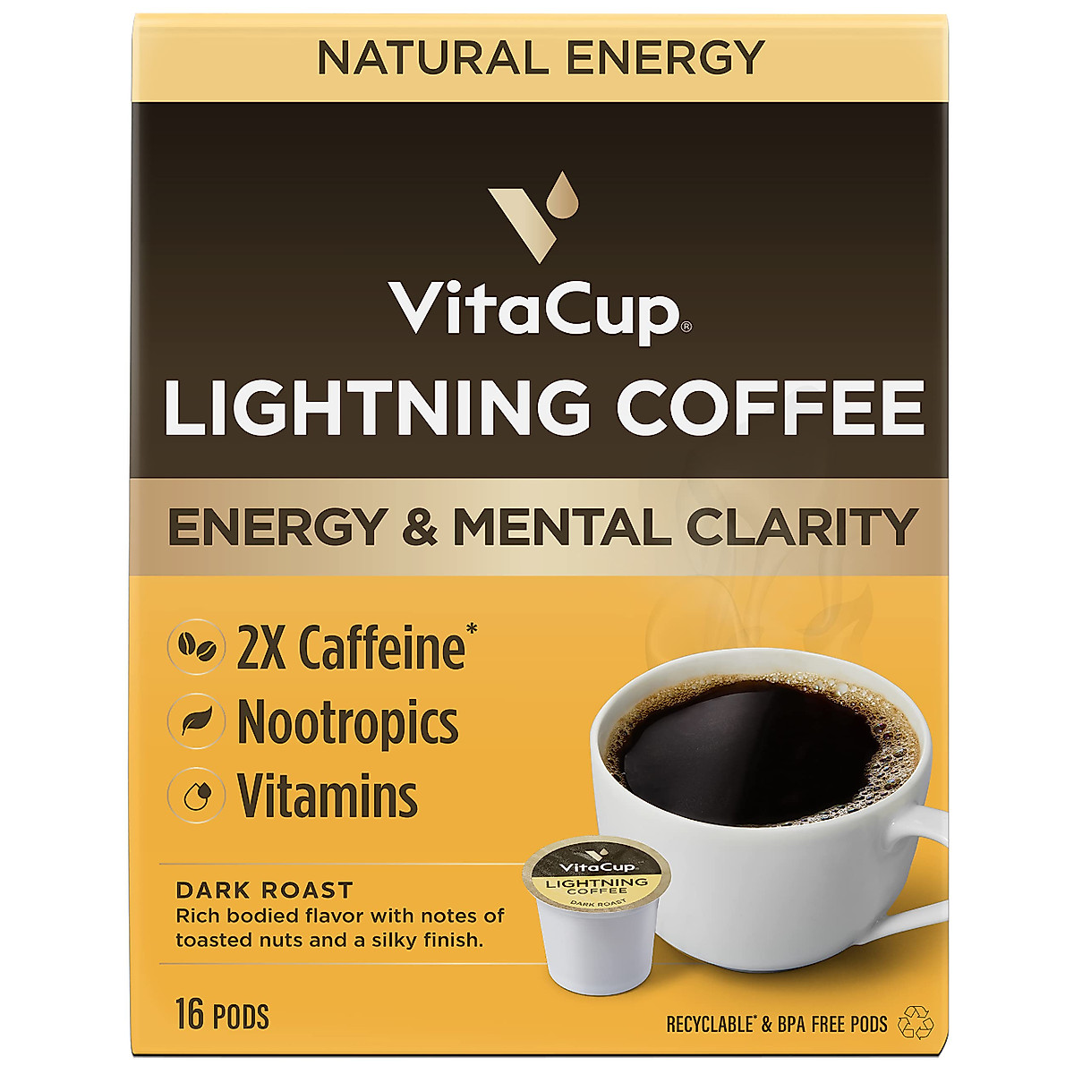 VitaCup Lightning Coffee Pods, Enhance Memory & Focus w/ 2X Caffeine,16CT | Focus Mushroom Coffee Pods, Boost Focus & Immunity w/Lions Mane, Chaga, B Vitamins, D3 16CT