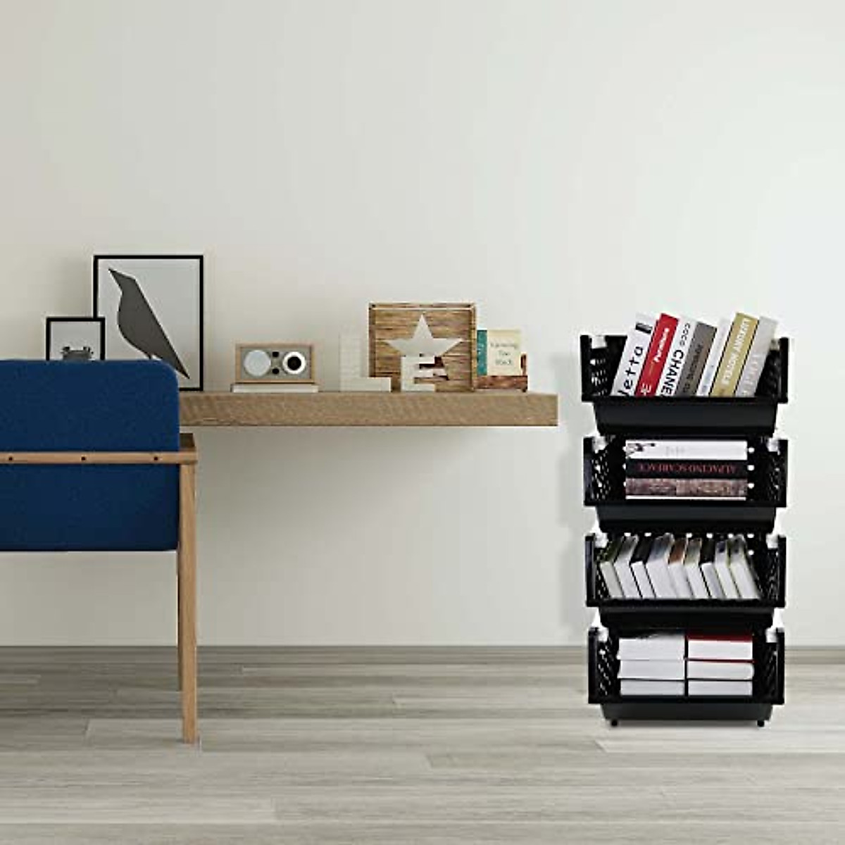 Wekioger 4 Pack Plastic Stackable Storage Baskets, Large Stacking Bins for Organizer, Black