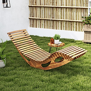 Tangkula Outdoor Chaise Lounge Chair, Acacia Wood Rocking Sun Lounger with Slatted Backrest and Seat, Wooden Rocker Lounge Chair for Patio, Garden and Poolside