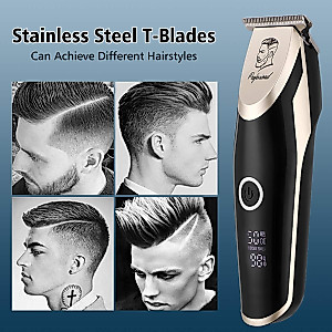 Mefor Beard and Hair Trimmer, Professional Clippers Haircut Kit,Cordless Men's Trimmer with T-Blade,3 Adjustable Speeds,Blade Lubricating Oil,LED Display Guide Combs for Family Use