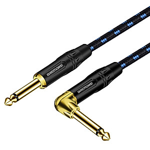 DREMAKE 1/4 Guitar Amp Straight to Right Angel Patch Cord, 10 Feet Quarter Inch Cable Black/Yellow Braided Tweed, Jack 6.35mm 1/4 Inch Guitar Cable for Electric Guitar, Bass, Keyboard to PA Certified