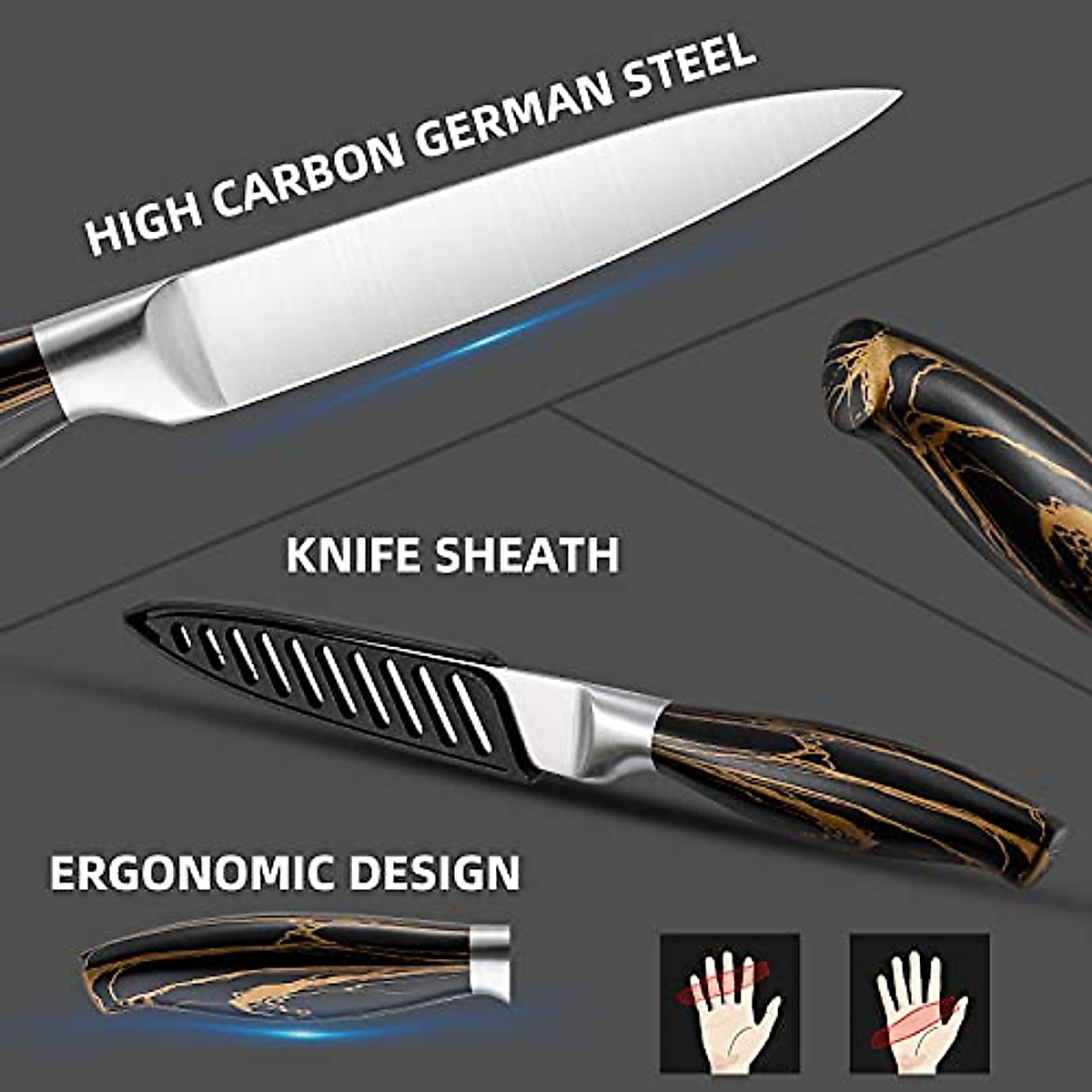 BECOKAY Kitchen Utility Knife - 5 inch Petty Knife with Sheath - Sharp High Carbon German Stainless Steel Cutting Engraving Knife - Suitable for Meat, Fruit Peeling Knife - Ergonomic Handle Design